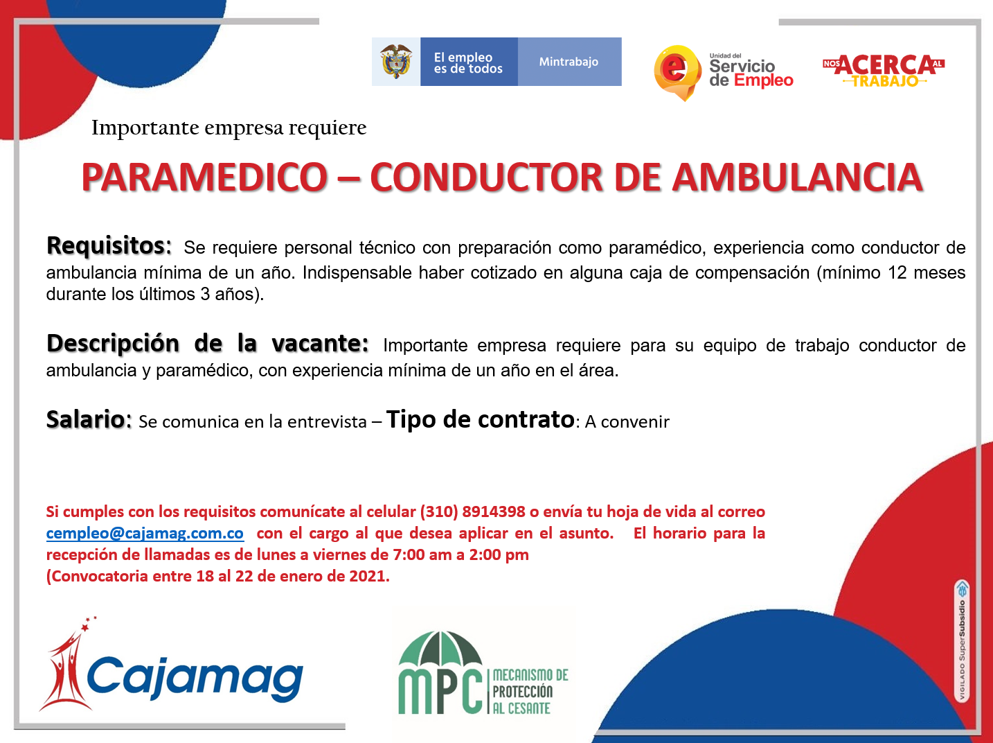 Convocatoria Centro de Empleo de Cajamag - Paramédico, conductor de ...