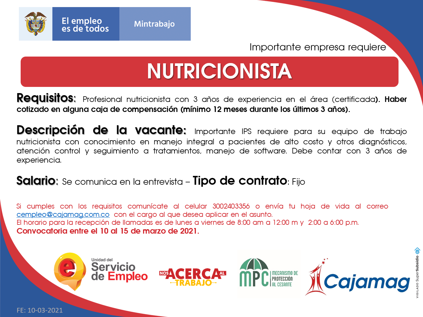 Convocatoria Centro de Empleo de Cajamag - Nutricionista - Cajamag Convocatoria Centro de Empleo de Cajamag - Nutricionista - Cajamag