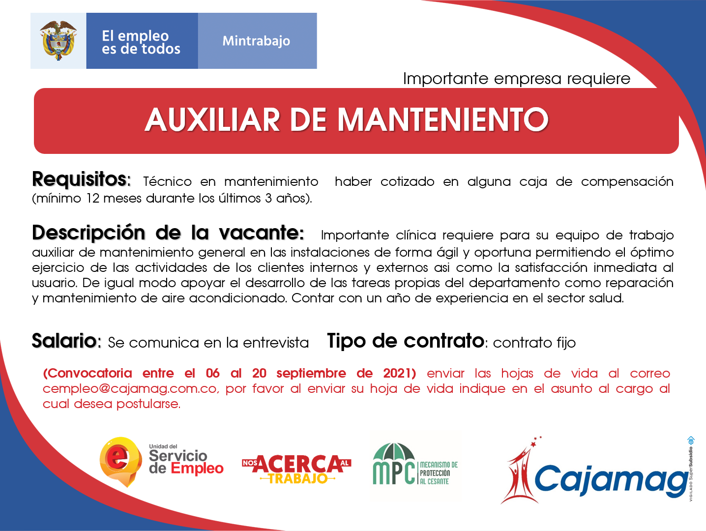 CONVOCATORIA CENTRO DE EMPLEO - AUXILIAR DE MANTENIENTO - Cajamag CONVOCATORIA CENTRO DE EMPLEO - AUXILIAR DE MANTENIENTO - Cajamag