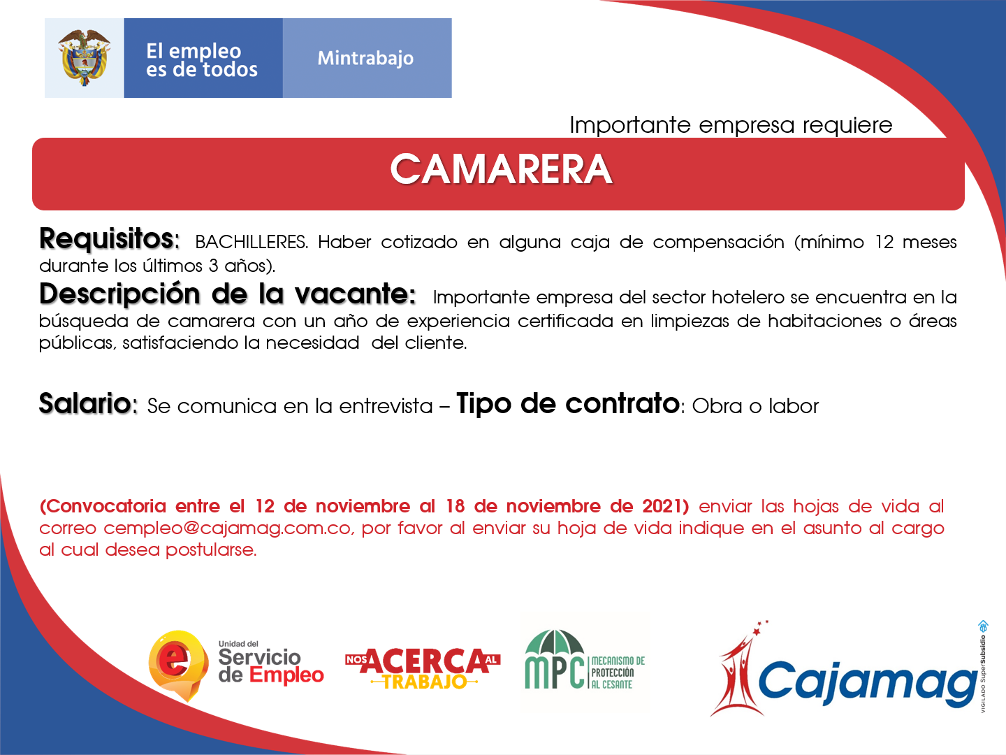 CONVOCATORIA CENTRO DE EMPLEO - CAMARERA - Cajamag CONVOCATORIA CENTRO DE EMPLEO - CAMARERA - Cajamag