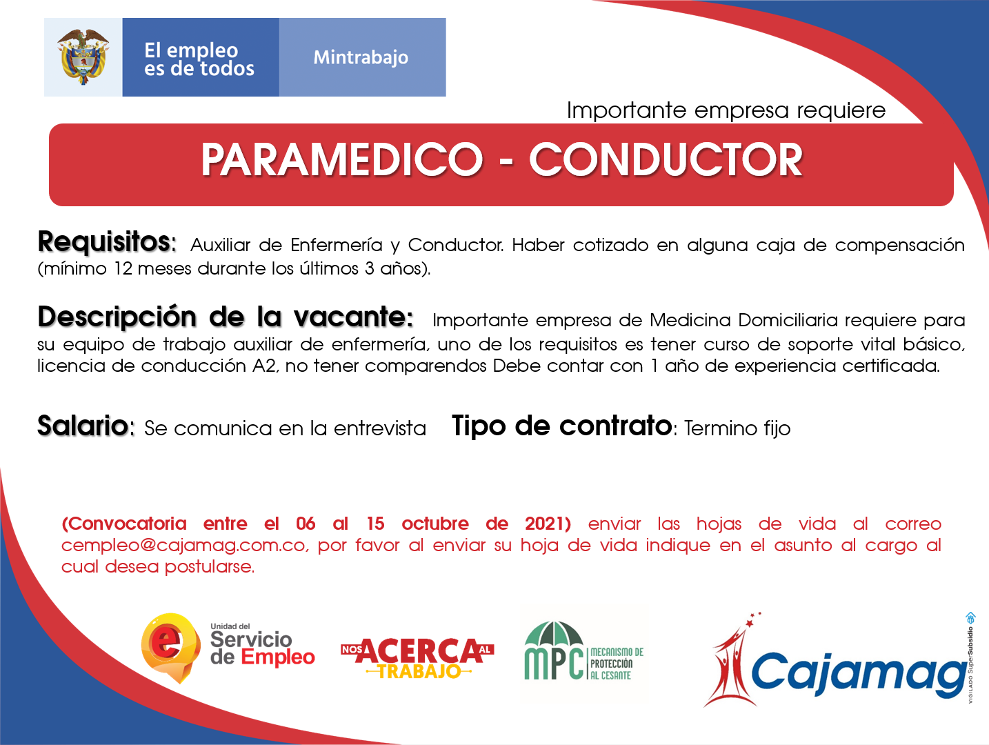 CONVOCATORIA CENTRO DE EMPLEO - PARAMEDICO - CONDUCTOR - Cajamag