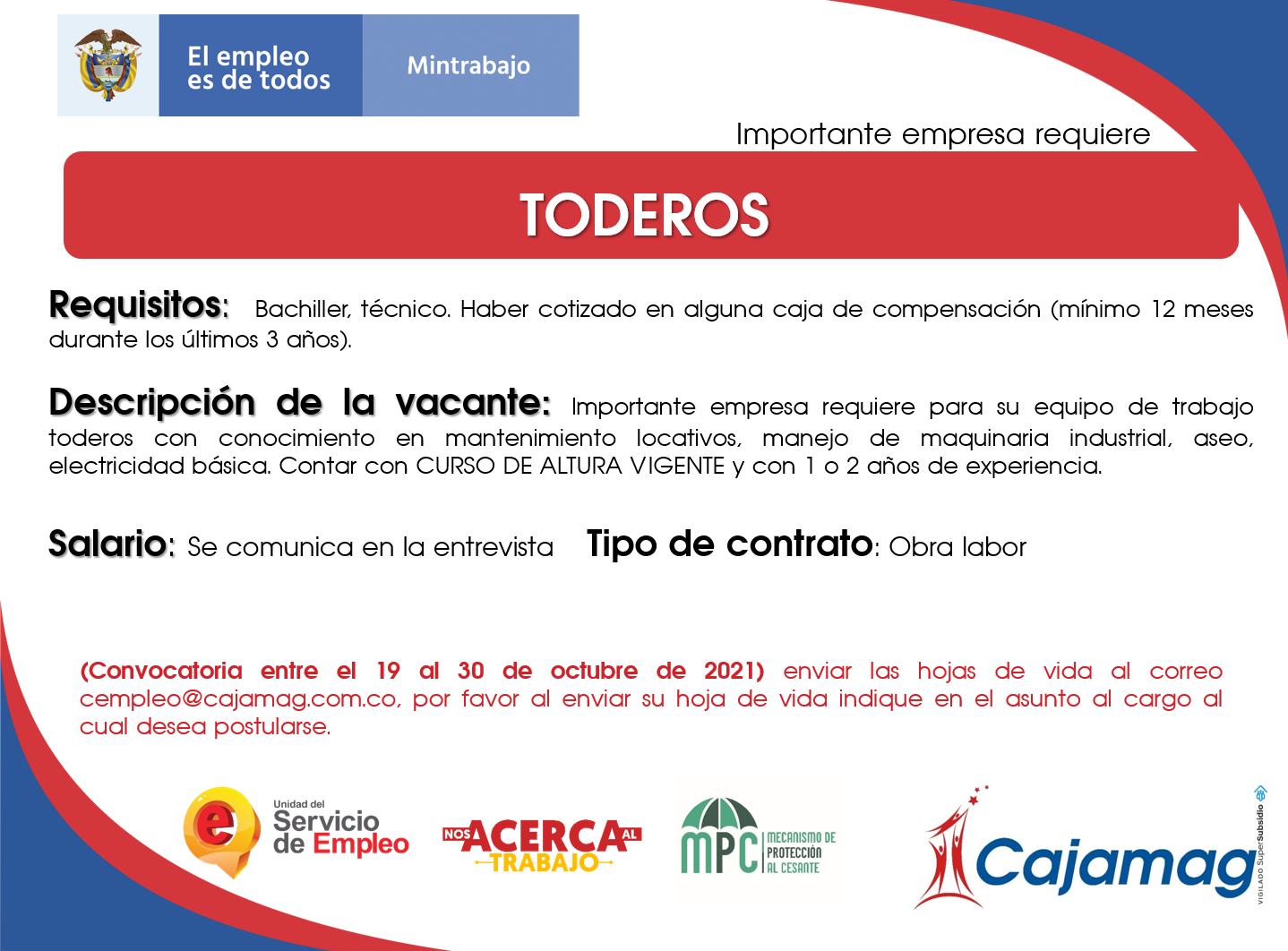 CONVOCATORIA CENTRO DE EMPLEO - TODEROS - Cajamag CONVOCATORIA CENTRO DE EMPLEO - TODEROS - Cajamag