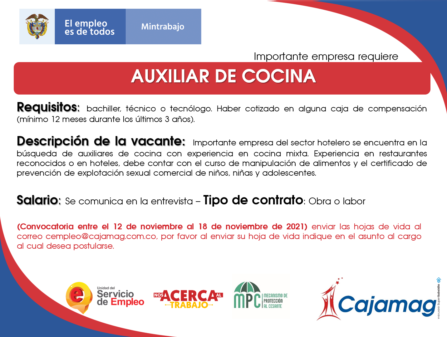 CONVOCATORIA CENTRO DE EMPLEO - AUXILIAR DE COCINA - Cajamag CONVOCATORIA CENTRO DE EMPLEO - AUXILIAR DE COCINA - Cajamag