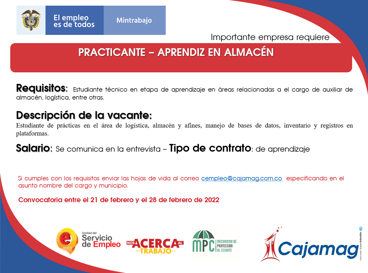 CONVOCATORIA CENTRO DE EMPLEO - PRACTICANTE - APRENDEZ EN ALMACEN - Cajamag