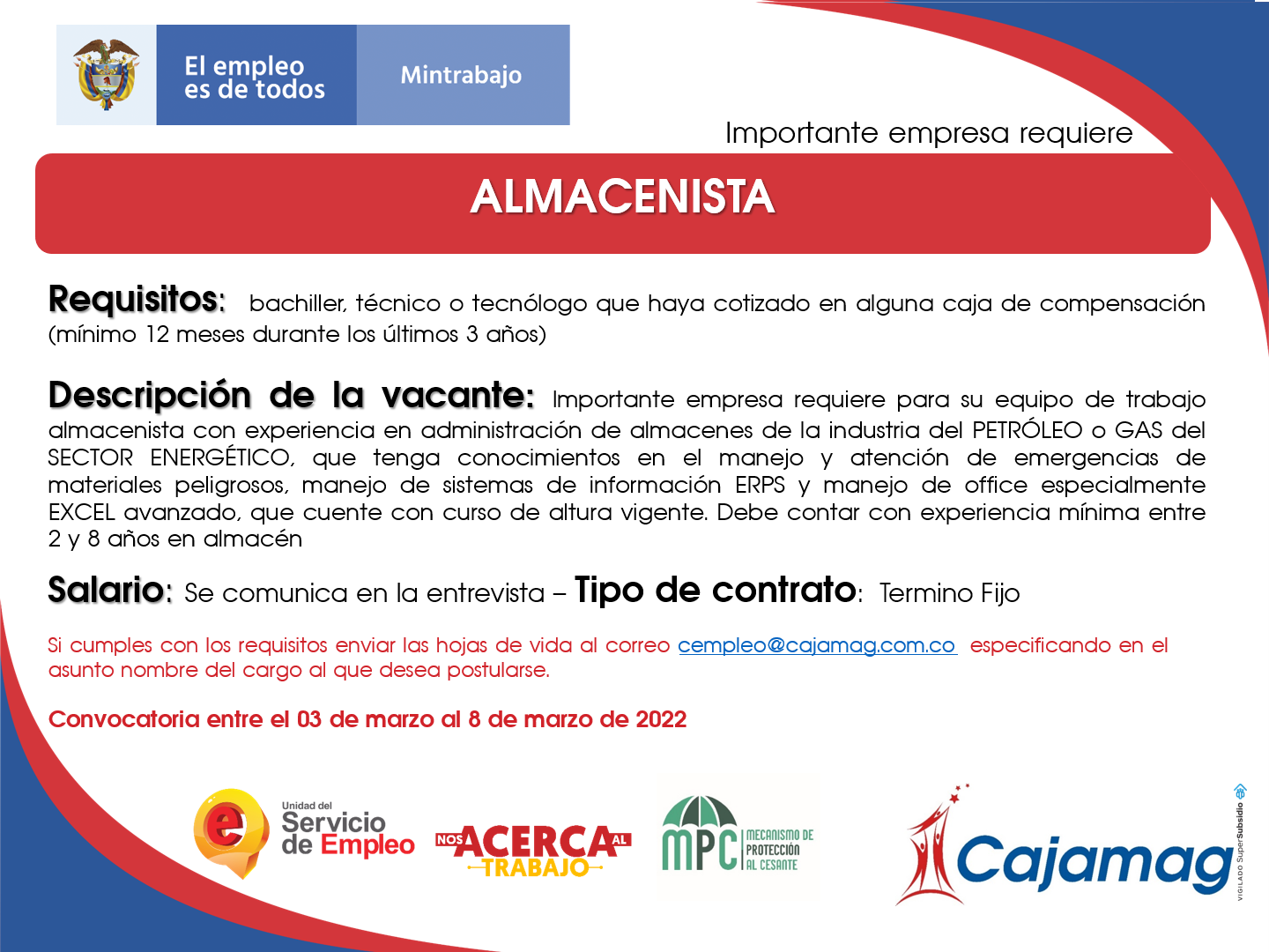 CONVOCATORIA CENTRO DE EMPLEO - ALMACENISTA - Cajamag