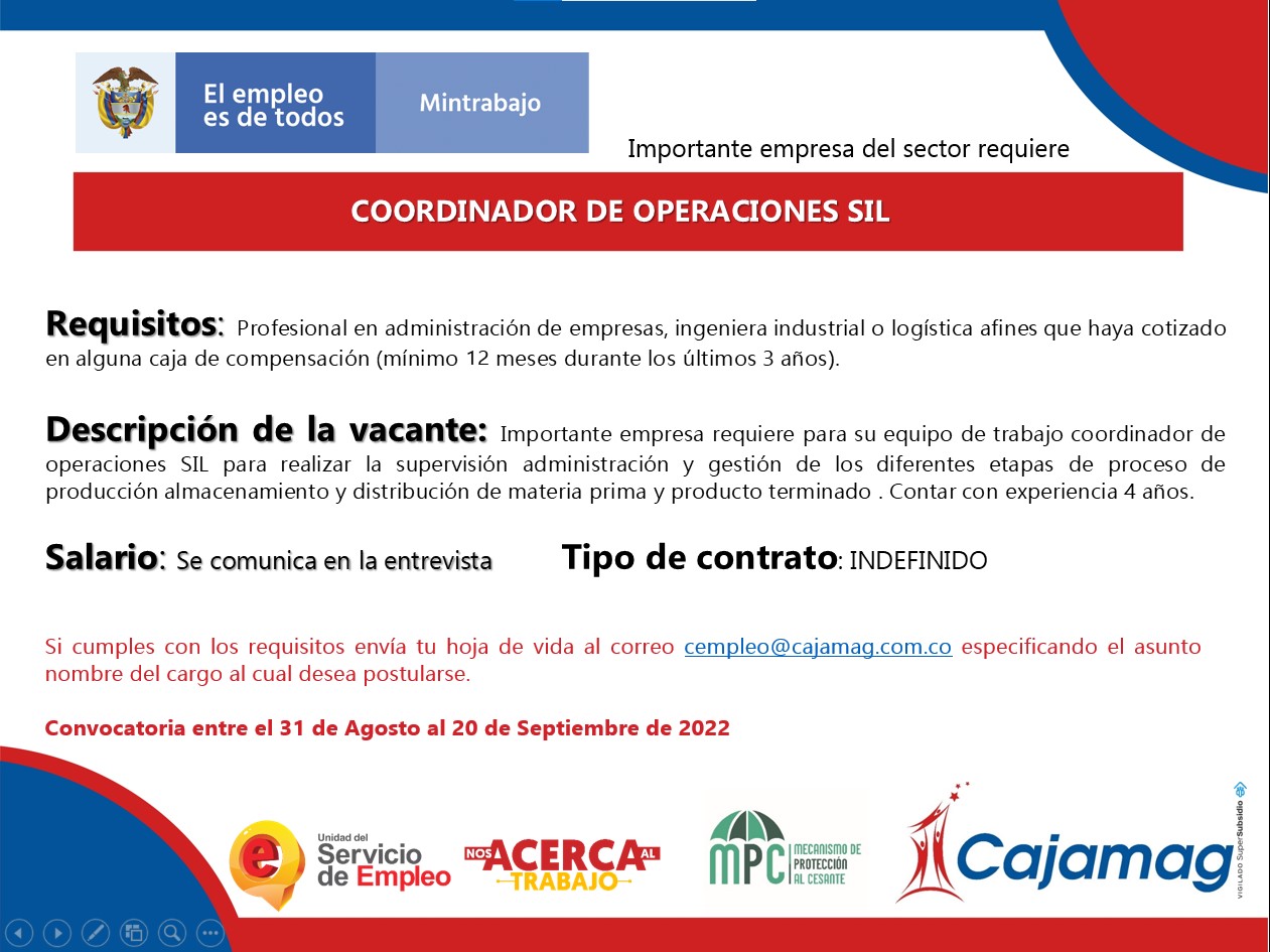 CONVOCATORIA CENTRO DE EMPLEO - COORDINADOR DE OPERACIONES SIL - Cajamag CONVOCATORIA CENTRO DE EMPLEO - COORDINADOR DE OPERACIONES SIL - Cajamag