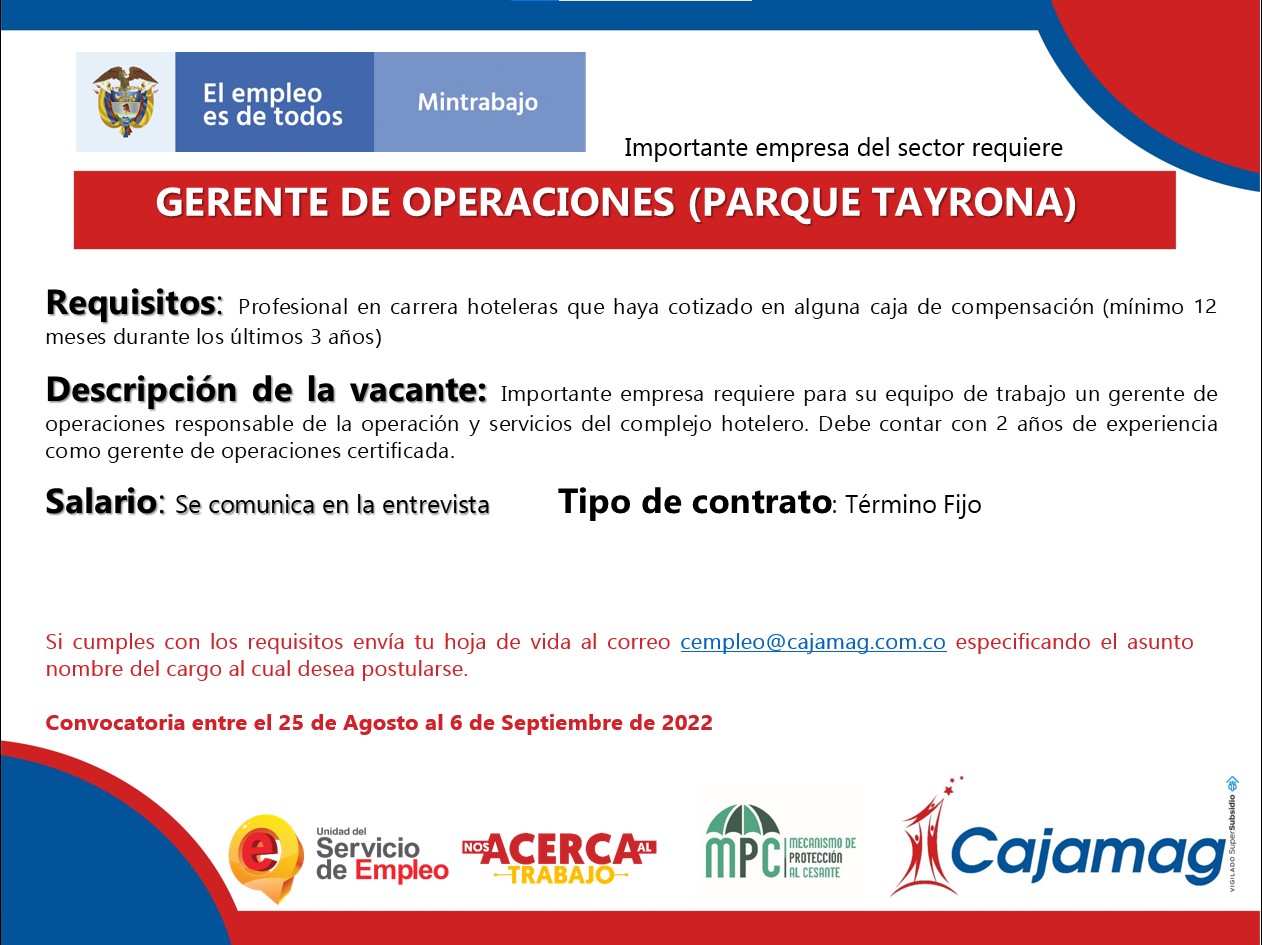 CONVOCATORIA CENTRO DE EMPLEO - GERENTE DE OPERACIONES PARQUE TAYRONA ...