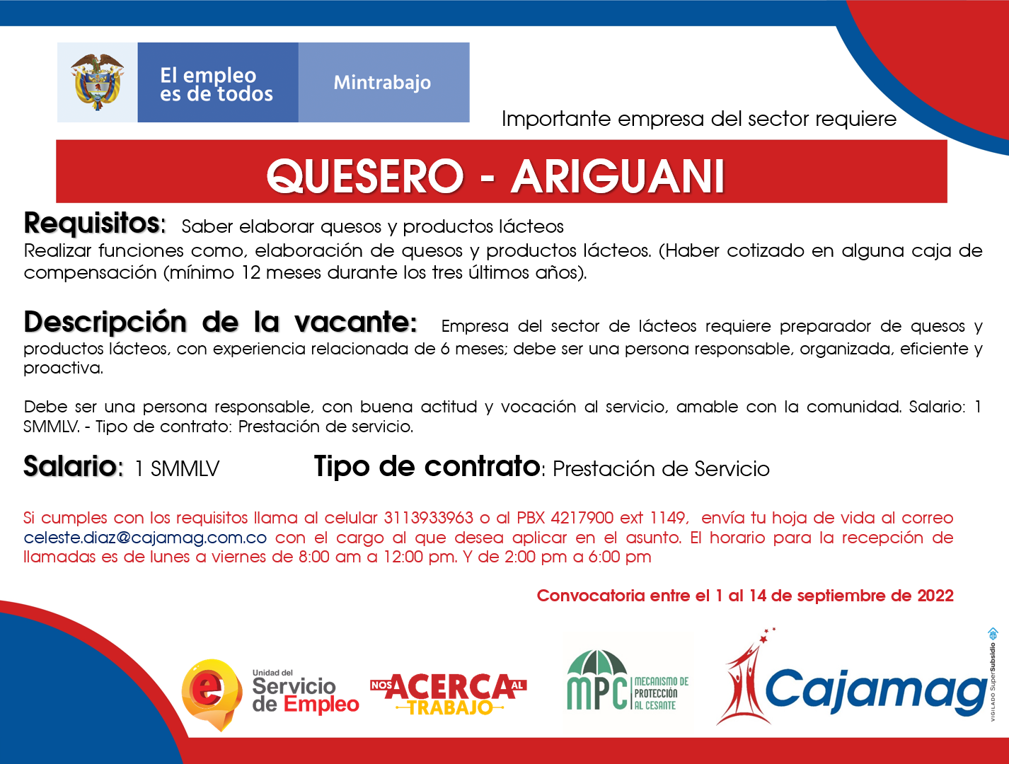 CONVOCATORIA CENTRO DE EMPLEO - QUESERO- ARIGUANI - Cajamag CONVOCATORIA CENTRO DE EMPLEO - QUESERO- ARIGUANI - Cajamag