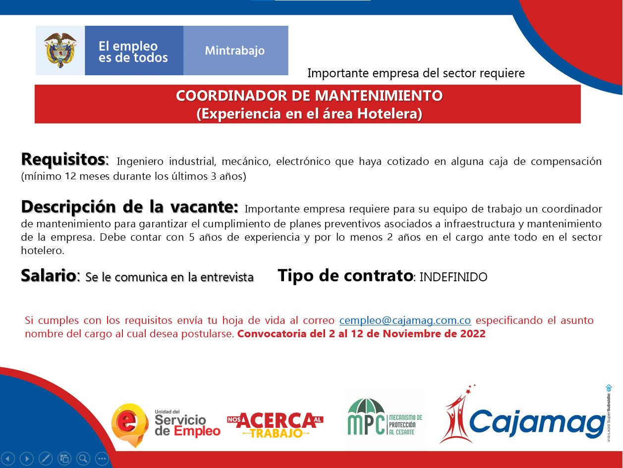 CONVOCATORIA CENTRO DE EMPLEO - COORDINADOR DE MANTENIMIENTO - Cajamag CONVOCATORIA CENTRO DE EMPLEO - COORDINADOR DE MANTENIMIENTO - Cajamag