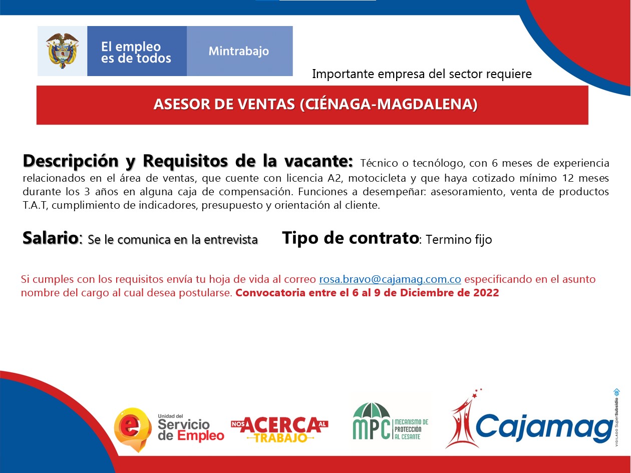 CONVOCATORIA CENTRO DE EMPLEO - ASESOR DE VENTAS CIENAGA MAGDALENA ... CONVOCATORIA CENTRO DE EMPLEO - ASESOR DE VENTAS CIENAGA MAGDALENA ...